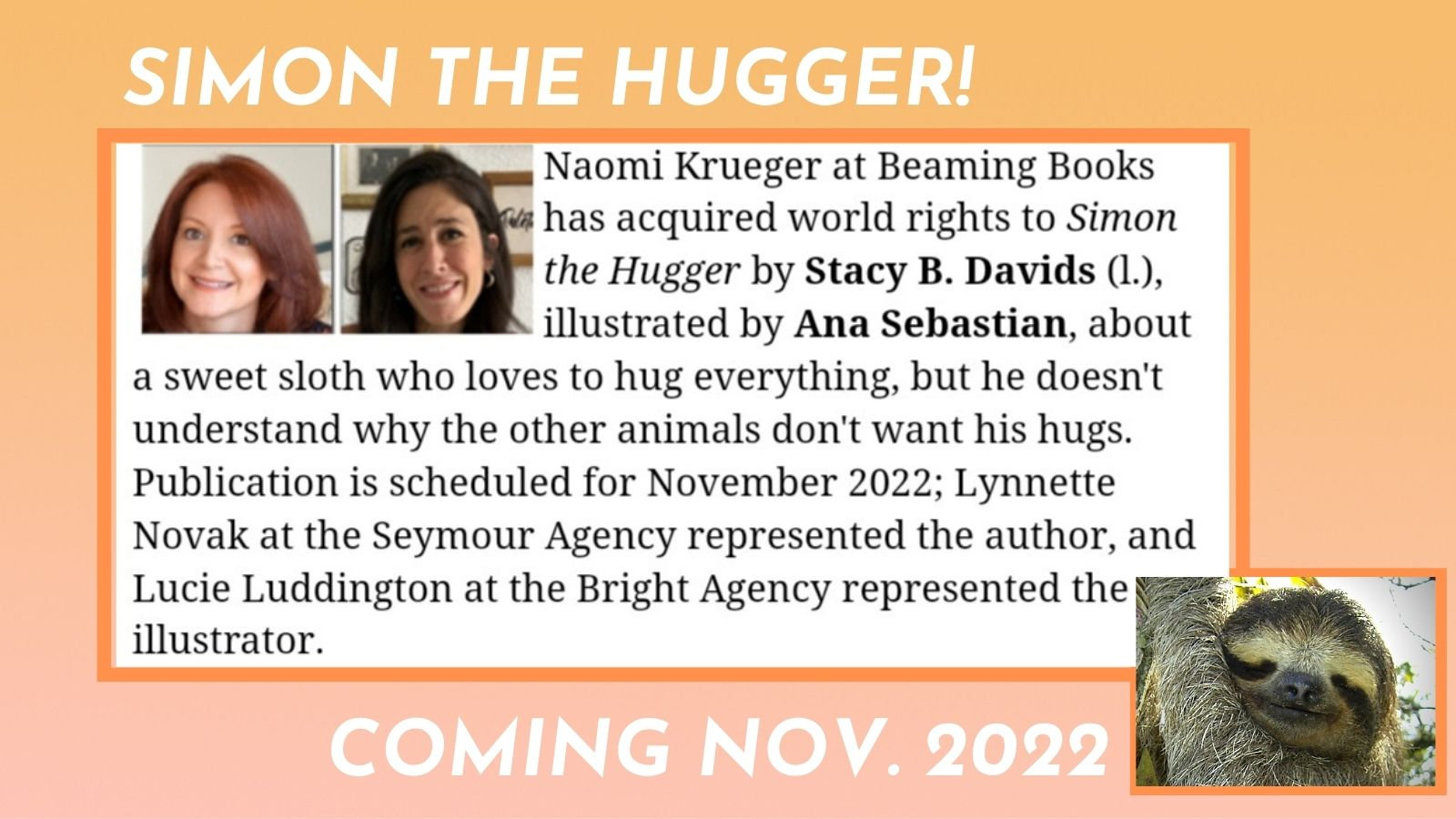 SIMON THE HUGGER picture book deal announcement - Stacy Davids