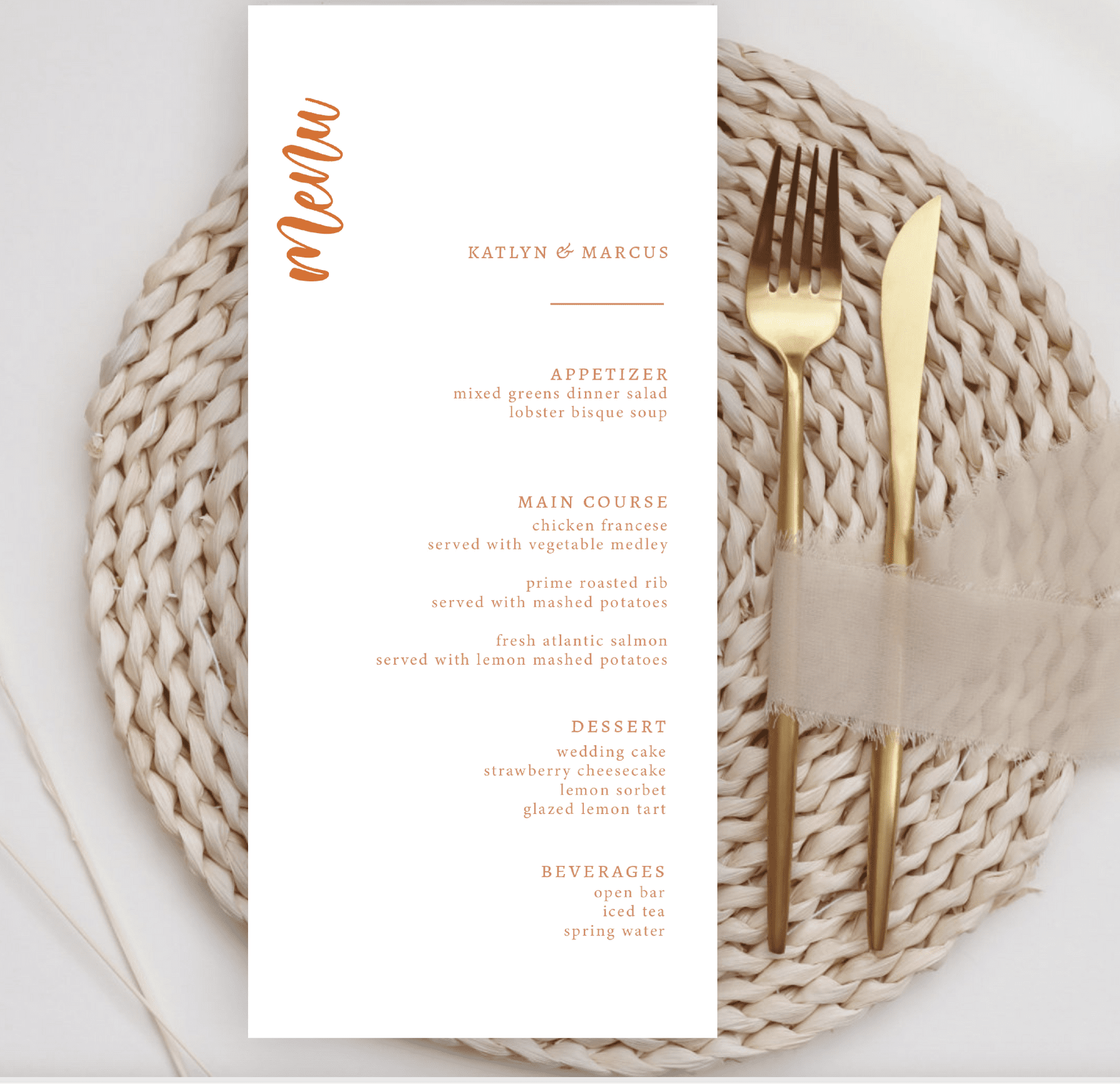 Burnt Orange Terracotta Wedding Menu Cards - Teresa L Daniels