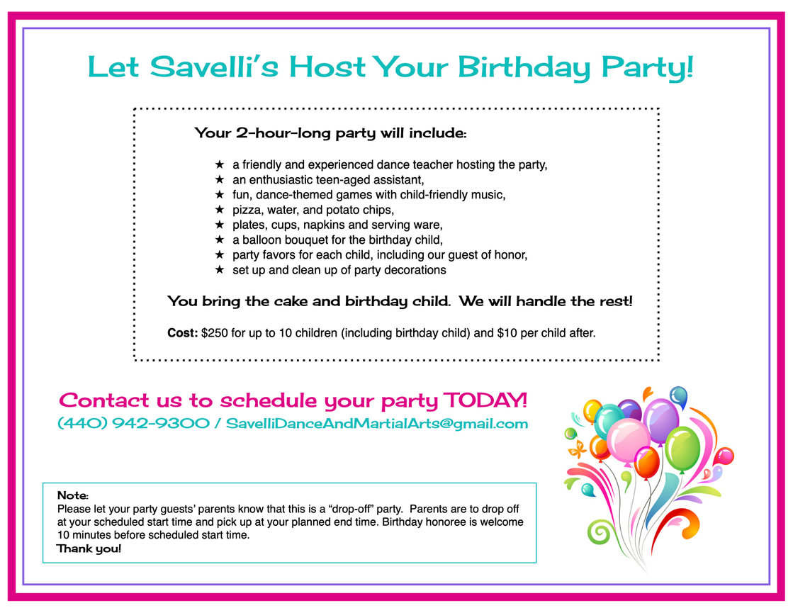 Birthday Party Info - Savelli's